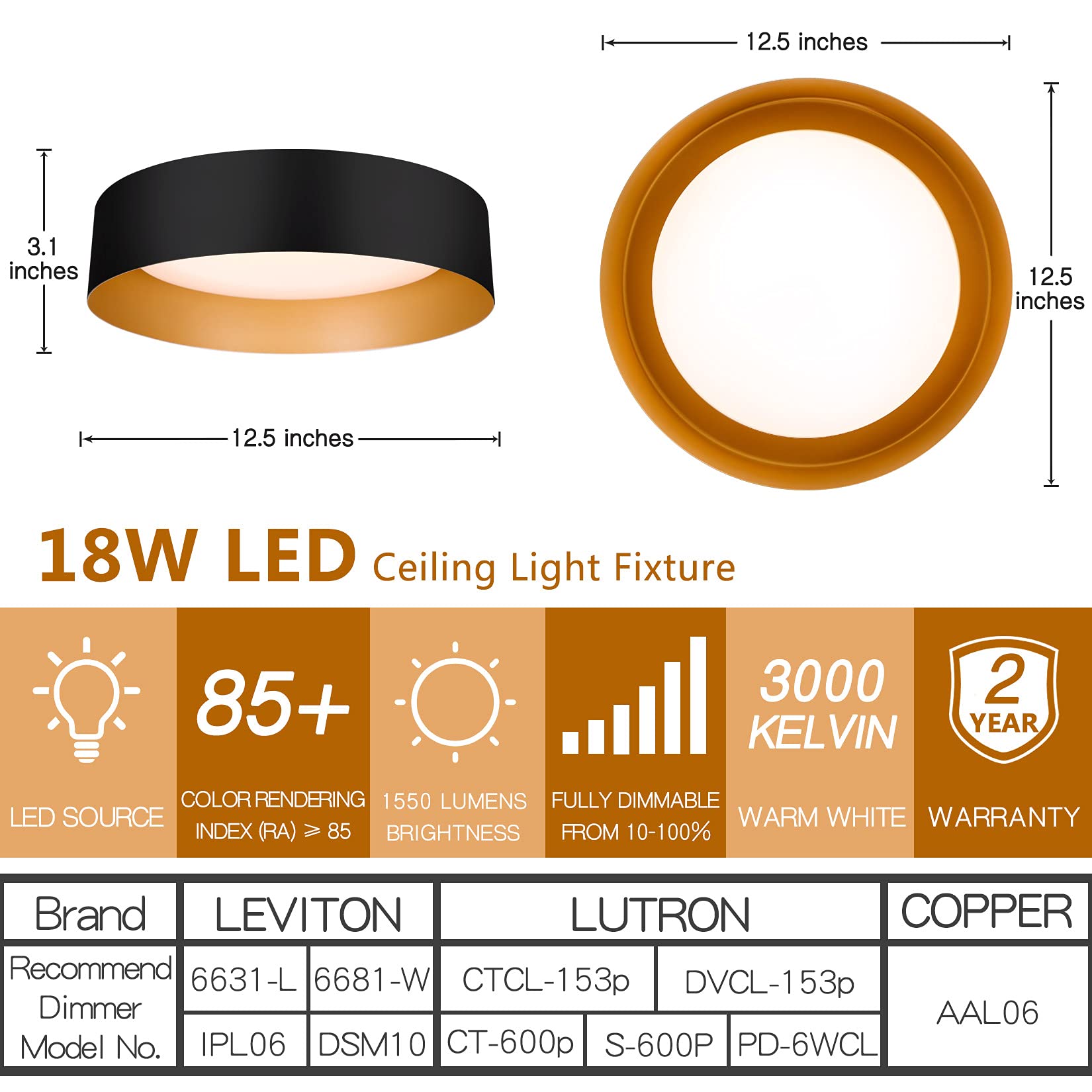 Bargeni Flush Mount Ceiling Light,12.5 inch LED Ceiling Light Fixture,Matte Black with Gold Inside,3000K/Warm White/18W(100w Equiv.),Dimmable Outdoor Lighting Fixtures Ceiling for Bedroom and Hallway