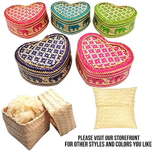 FOREVER 1 β Bamboo Sticky Rice Serving Basket 6.2 x 5.2 Inch, Kratip, Intricately Woven Container, Heart-Shaped, Elephant Weave Pattern, Bright Pink, Thailand Handmade, Dyed with Natural Based