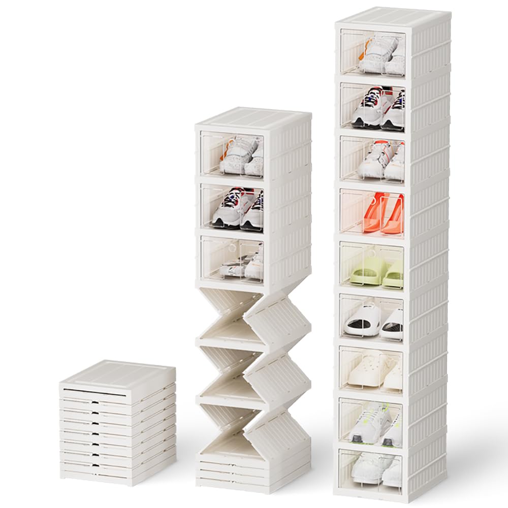 DY GMD Foldable Shoe Rack, Collapsible Plastic Shoe Organizer with Doors Sturdy Easy to Assemble for Closet,Shoe Storage Boxes -9 Tier(White Doors)