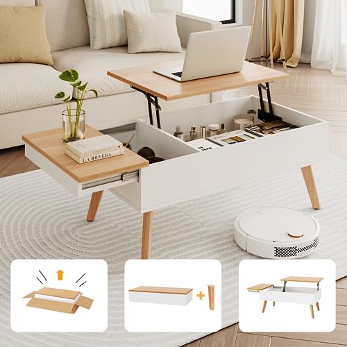 Bidiso Lift Top Coffee Table, Ten Minute Install Coffee Table Center Table with Hidden Storage Compartments, Rising Tabletop Dining Table Coffee Table for Living Room,Oak