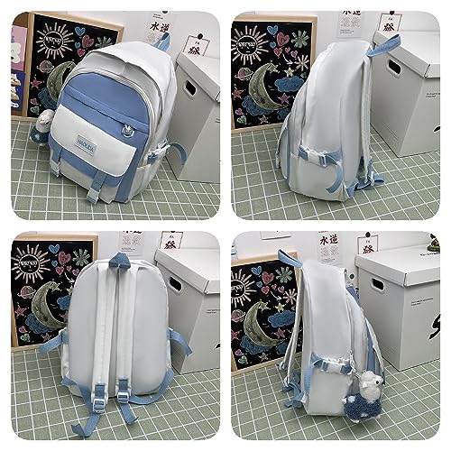 FORJMMP Aesthetic Backpack with Kawaii Accessories, Lightweight Casual Daypack for Women (White+Blue)
