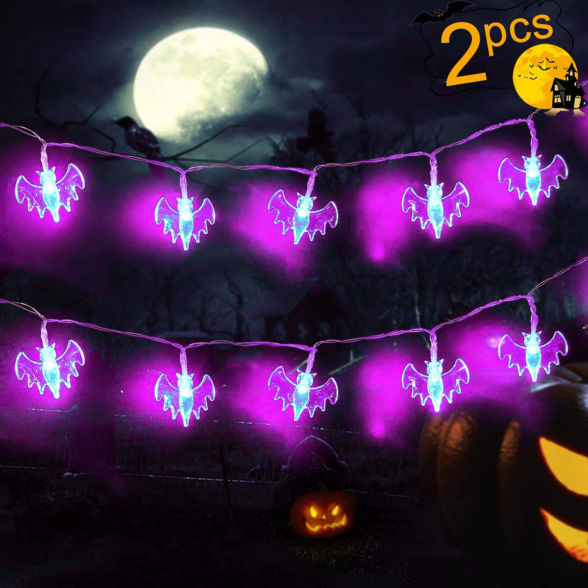 Ausein Halloween Decoration Bat String Lights, 2 Pcak Battery Operated Halloween Light, 9.8ft Total 40 LED Outdoor Decorative Lights for Halloween Christmas Decoration (Purple Light)