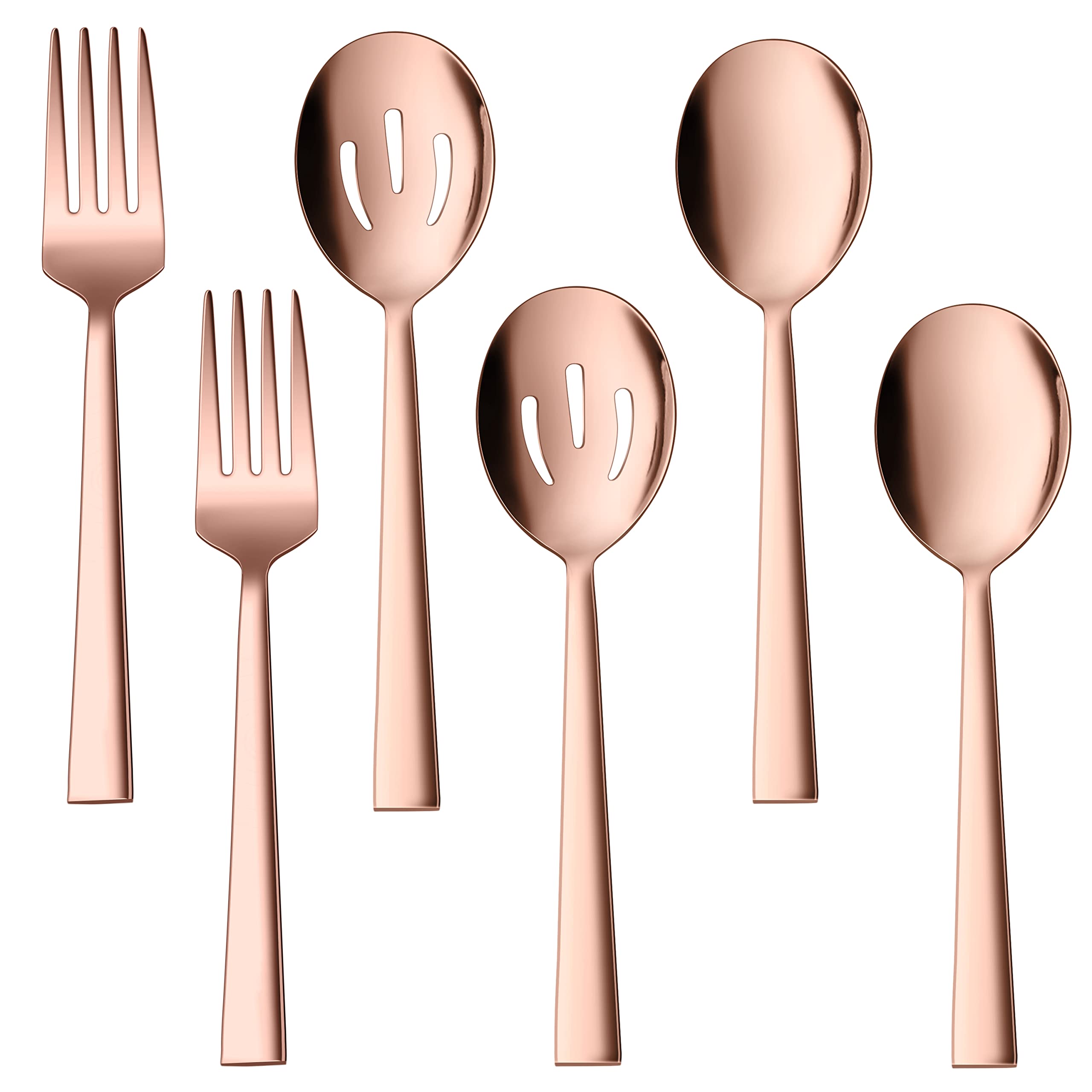 Black Serving Utensils Set of 6, E-far Stainless Steel 8.7 Inch Hostess Serving Set with Square Edge, Metal Serving Slotted Spoons Forks for Party Buffet Catering, Mirror Finished