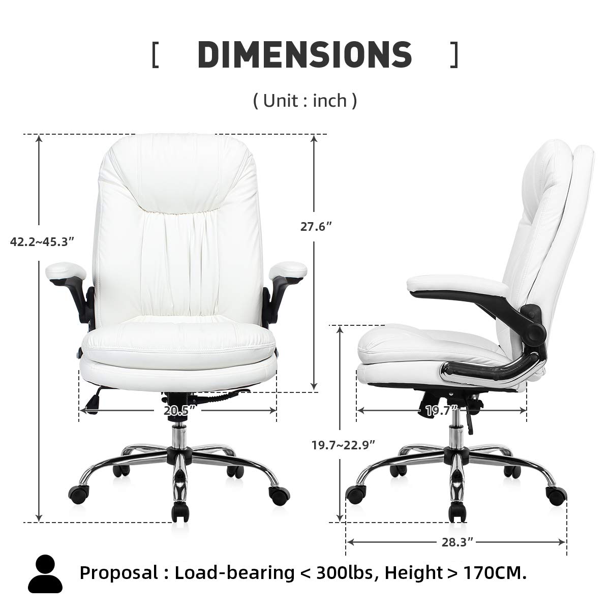 B2C2B Ergonomic Office Chair High Back Desk Chair with Flip-Up Arms and Comfy Thick Cushion Leather Computer Chair White Big and Tall 350lb Weight Capacity