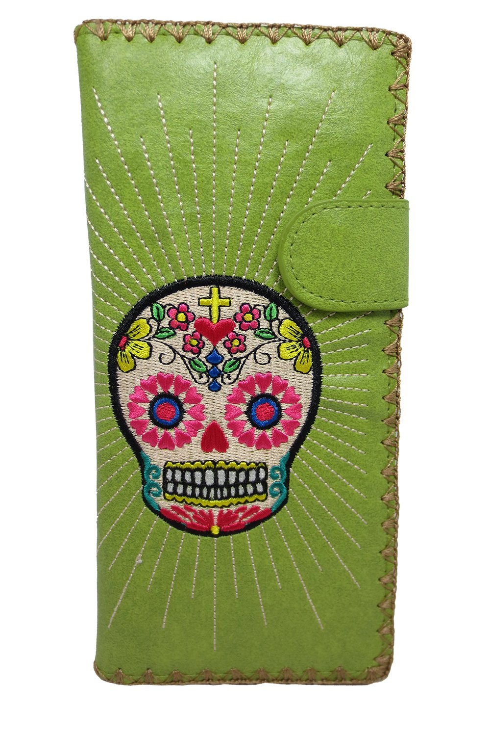 Lavishy Flower Sugar Skull Day of the Dead Embroidered Large Wallet (Green)