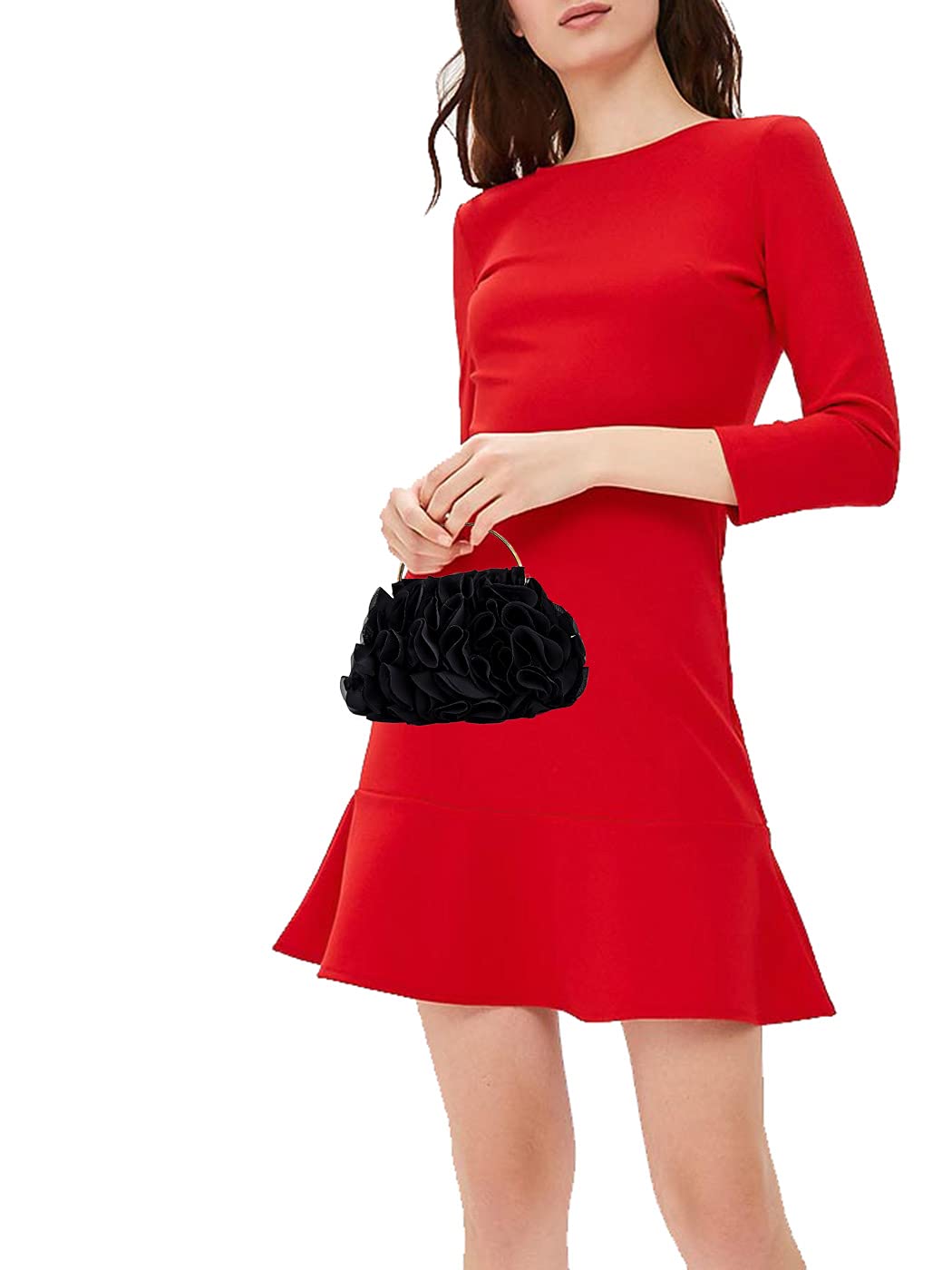 Barode Floral Clutch Purses for Women Satin Flower Evening Bag Party Prom Handbags (Black)
