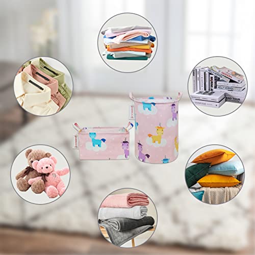 QUEENLALA Large Storage Basket,Laundry Hamper/Bathroom/Home Decor/Collapsible Round Storage Bin,Boys and Girls Hamper/Boxes/Clothing(Round-Rec-Pink Unicorn)