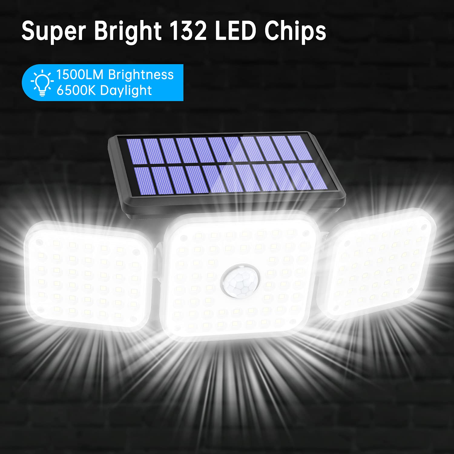 Solar Lights Outdoor, 132 LED 1500LM Solar Security Flood Lights with Remote Control, Wireless Motion Sensor Lights 3 Heads 270° Wide Angle Illumination IP65 Waterproof Wall Lights (2 Packs)