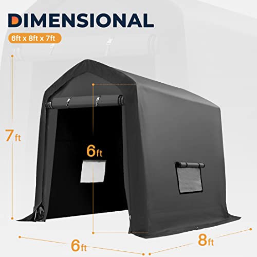 PEAKTOP OUTDOOR 6X8ft Heavy Duty Storage Shelter with 2 Roll-Up Side Windows,Waterproof and UV Resistant Outdoor Tent Tarp Sheds for Bike, Motorcycle, Garden Tools,Gray