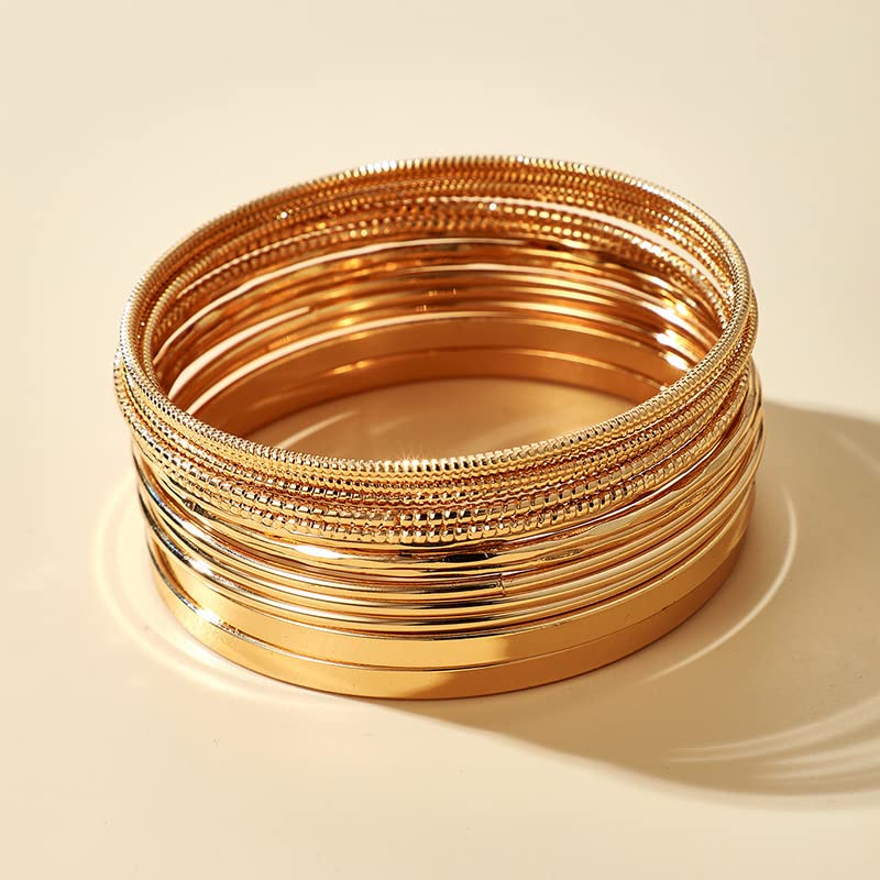 Boho Indian Multi Layer Bangle Bracelet Set for Women Girls Punk Gold Tone Stackable Alloy Metal Textured Smooth Bracelet