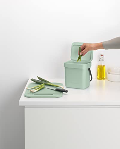 Brabantia Sort & Go Food Trash Can (0.8 Gal/Jade Green) Small Countertop Kitchen Compost Caddy with Handle & Removable Lid, Easy Clean