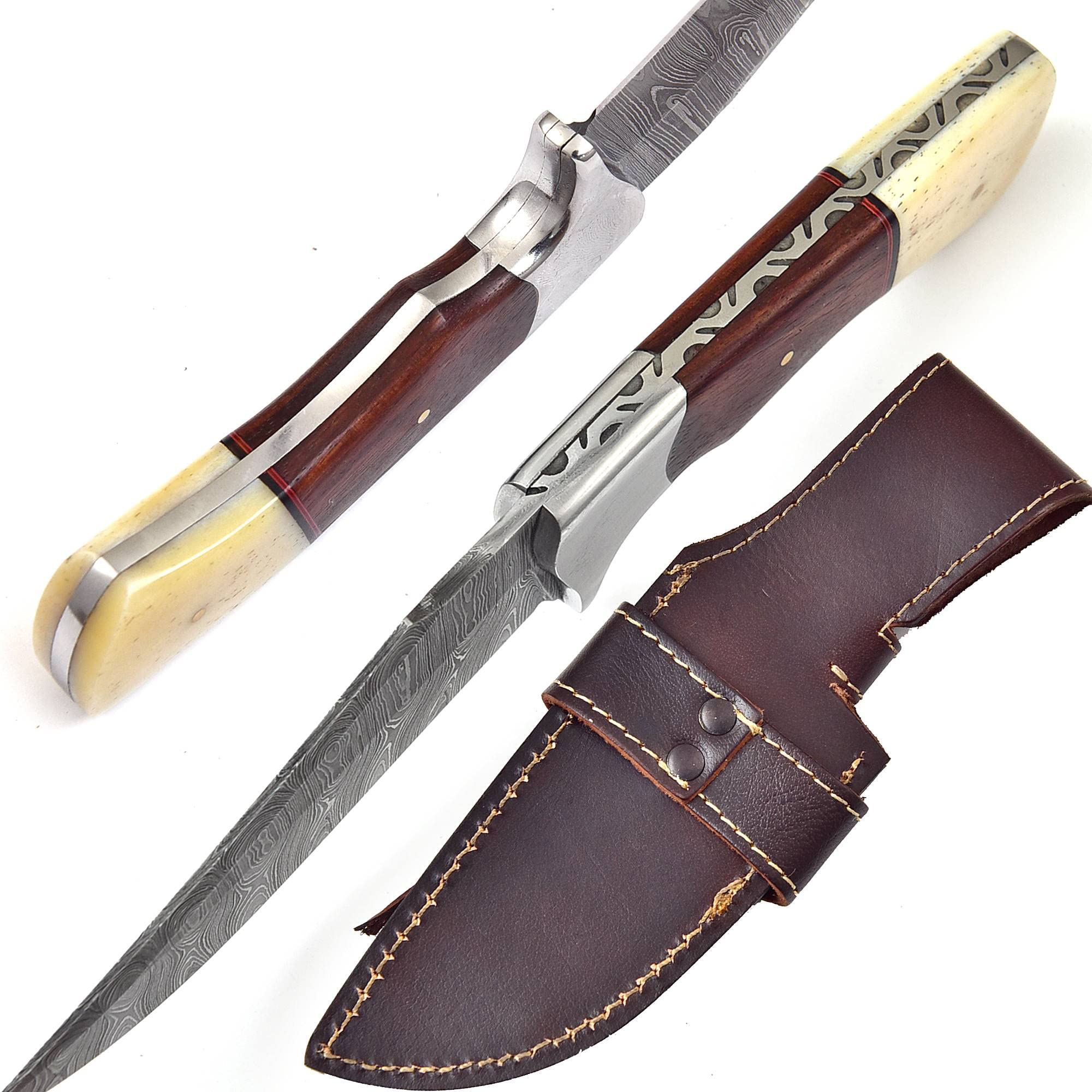 BG Knives Handmade Damascus Knife With Sheath Fixed Blade Hunting Knife 9.25 Inches B-187