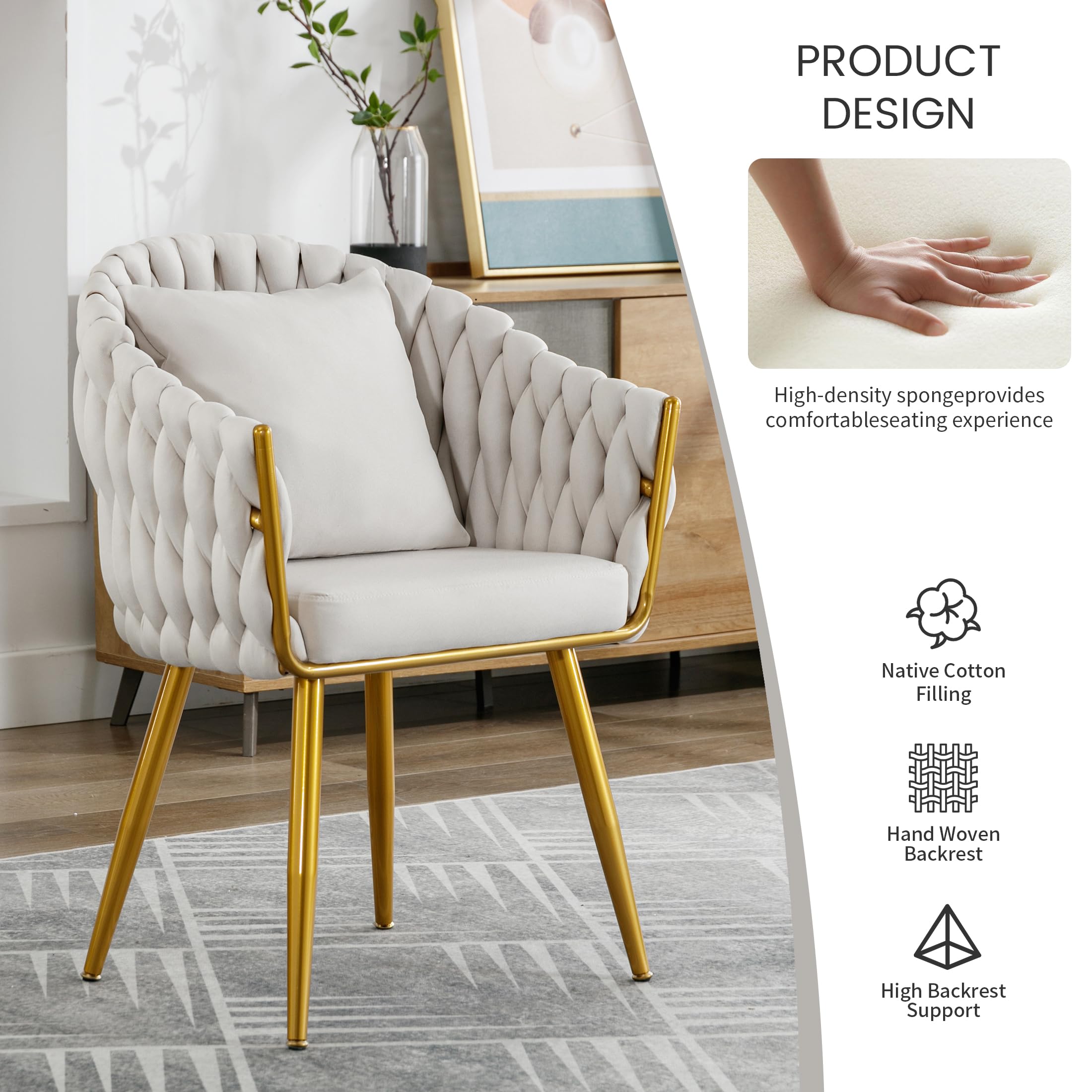 BOSMILLER Woven Dining Chairs, Modern Dining Room Chairs with Gold Metal Non-slip Legs, Curved High Backrest Round Upholstered Dining Chair with Headrest, for Living Room, Dining Room (Beige)