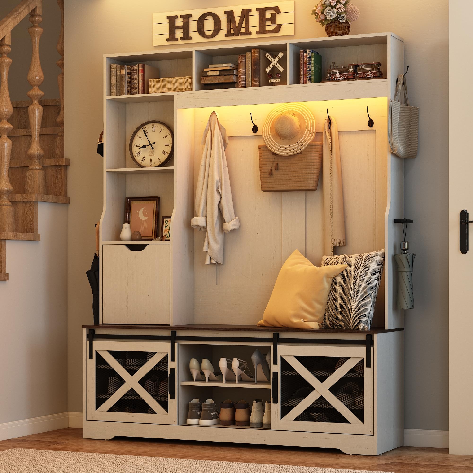 chartustriable 75''H LED Farmhouse Hall Tree with Bench and Shoe Storage,Entryway Bench with Coat Rack,16 Shoe Cubbies & Umbrella Holder and Sock Storage Drawer,Mudroom/Hallway Storage Cabinet