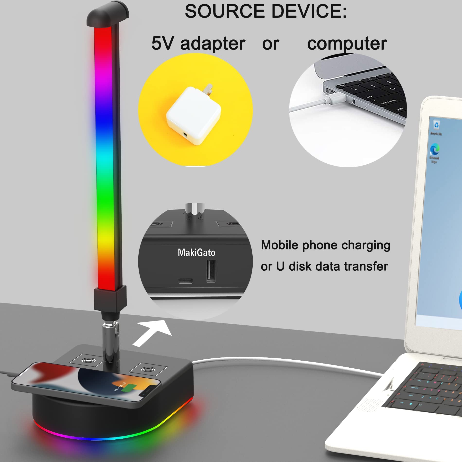 BGMUTCX Smart Lighting Tower with RGB Headphone Stand,Control Smart LED Light Bars, RGB Ambiance TV Backlights with Headset Stand, with USB Charging Port or USB Hub,PC, TV, Room,Decoration