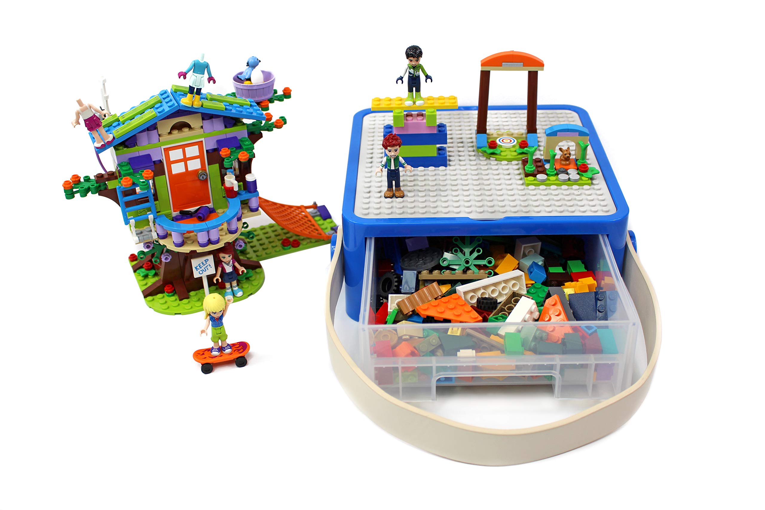 Bins & Things Lego Storage, Bin Box Organizer - Kids Toy Storage Containers - Small Brick Shaped Tub Organizer for Legos, Barbie Dolls and Hot Wheels - Anti-Lego Mess Organizer (Blue & White)