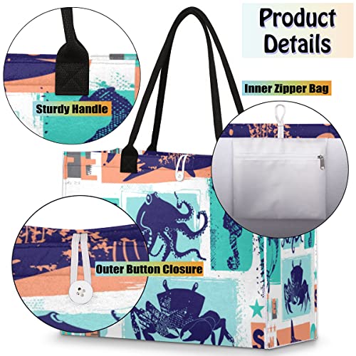 Dolphin Crab Reusable Grocery Shopping Bag with Hard Bottom, Ocean Animal Printing Large Foldable Multipurpose Heavy Duty Tote with Zipper Pockets, Stands Upright, Durable and Eco Friendly, Beach Bag
