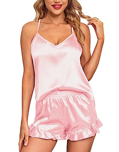 FERDAT Women's Silk Pajamas Set Satin Ruffle Lingerie 2 Piece Pjs Cami Top and Shorts Sleepwear Pink