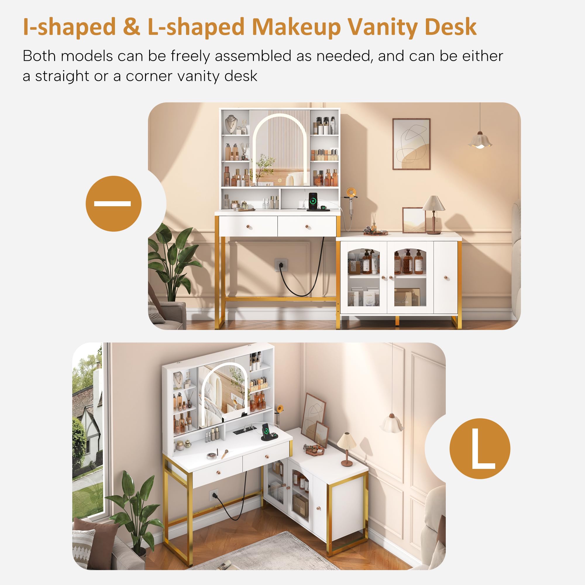 chartustriable 62" Large Vanity Desk with Mirror and Lights 3 Lighting Modes, Vanity Dresser with Charging Station and 2 Drawers, Modern LED Vanity with Storage Shelves for Bedroom, White
