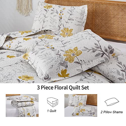 Quilt Set Queen Floral Bedspread Coverlet Queen Floral Quilts Bedding Spring Summer Lightweight Quilts Bedspread Reversible Bedding Grey Leaf Yellow Floral Quilt Collection Bedspread with Pillow Shams