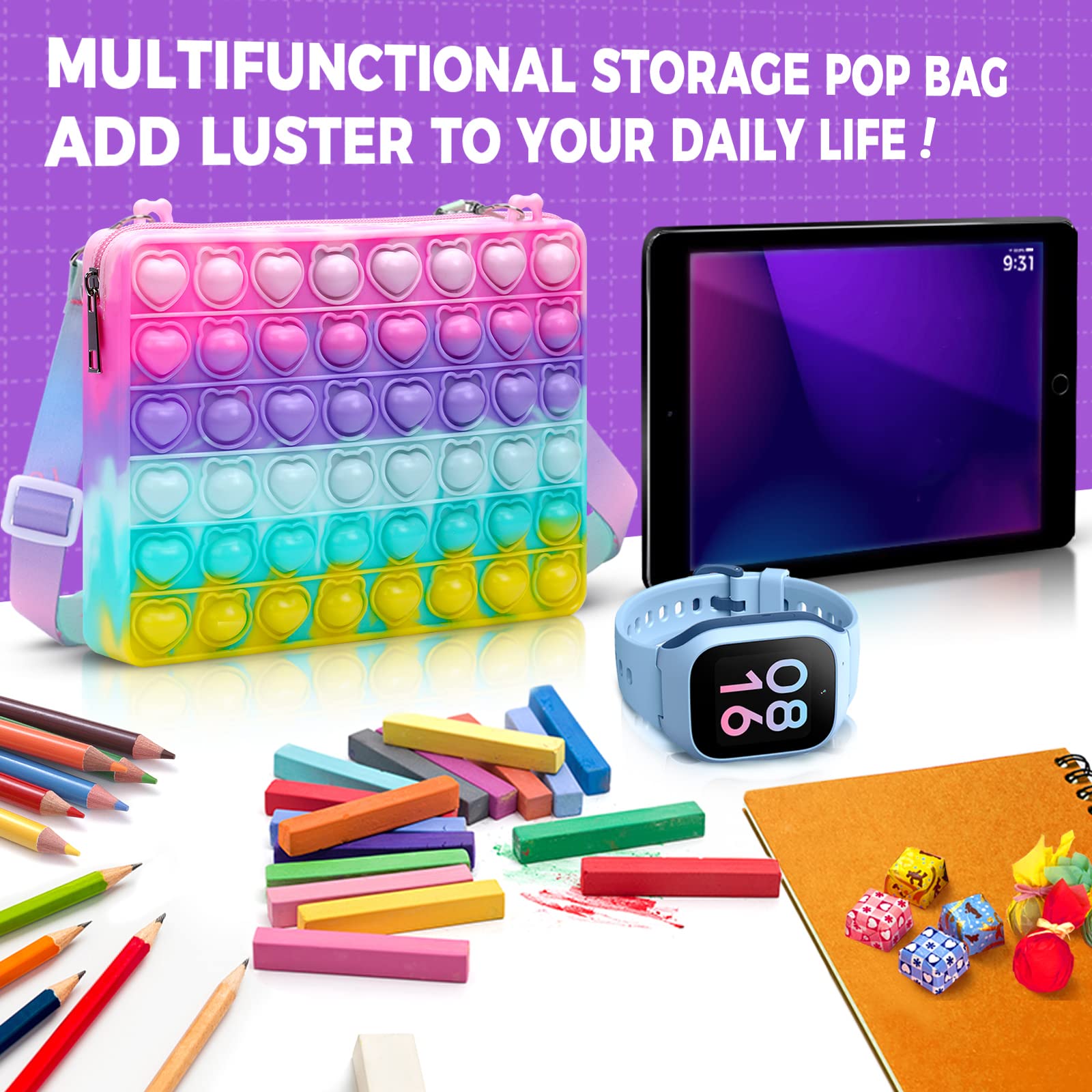 MooonGem Pop Purse for Women, Big Fidget Purse for iPad, Pop Shoulder Bag