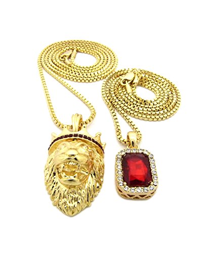 Gold Tone Micro Colorful Gemstone King Crown Lion Head Pendant 2mm 24", 30" Box Chain 2 Necklace Set (Gold + Red)