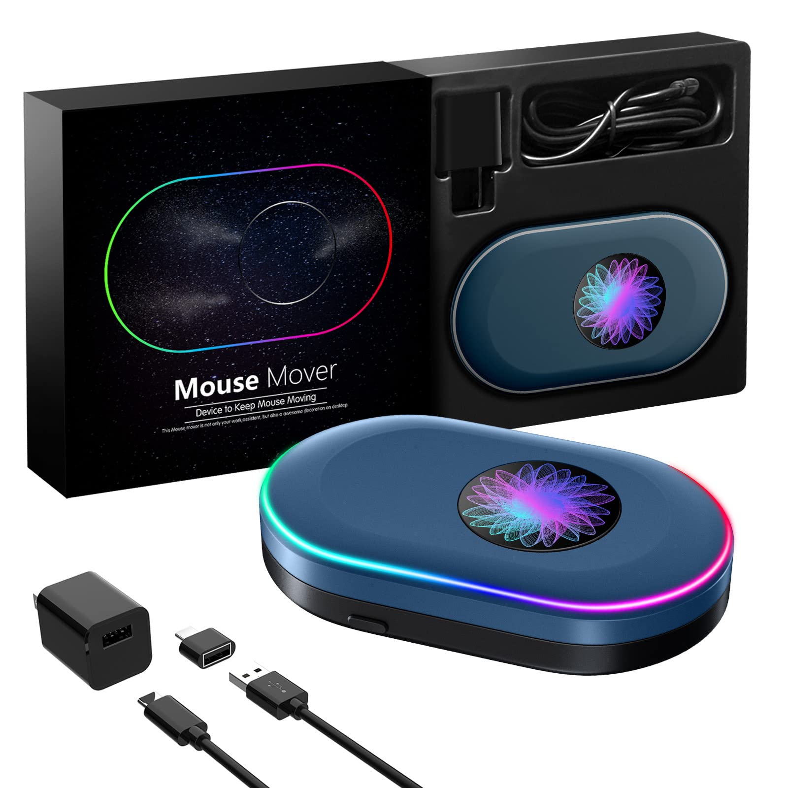 BNING Mouse Jiggler, Undetectable Mouse Mover Device, RGB Light Mouse Shaker Simulator for Computer Laptop Awakening, No Software & Driver-Free, Include USB C to USB Adapter & Charger (Dream)