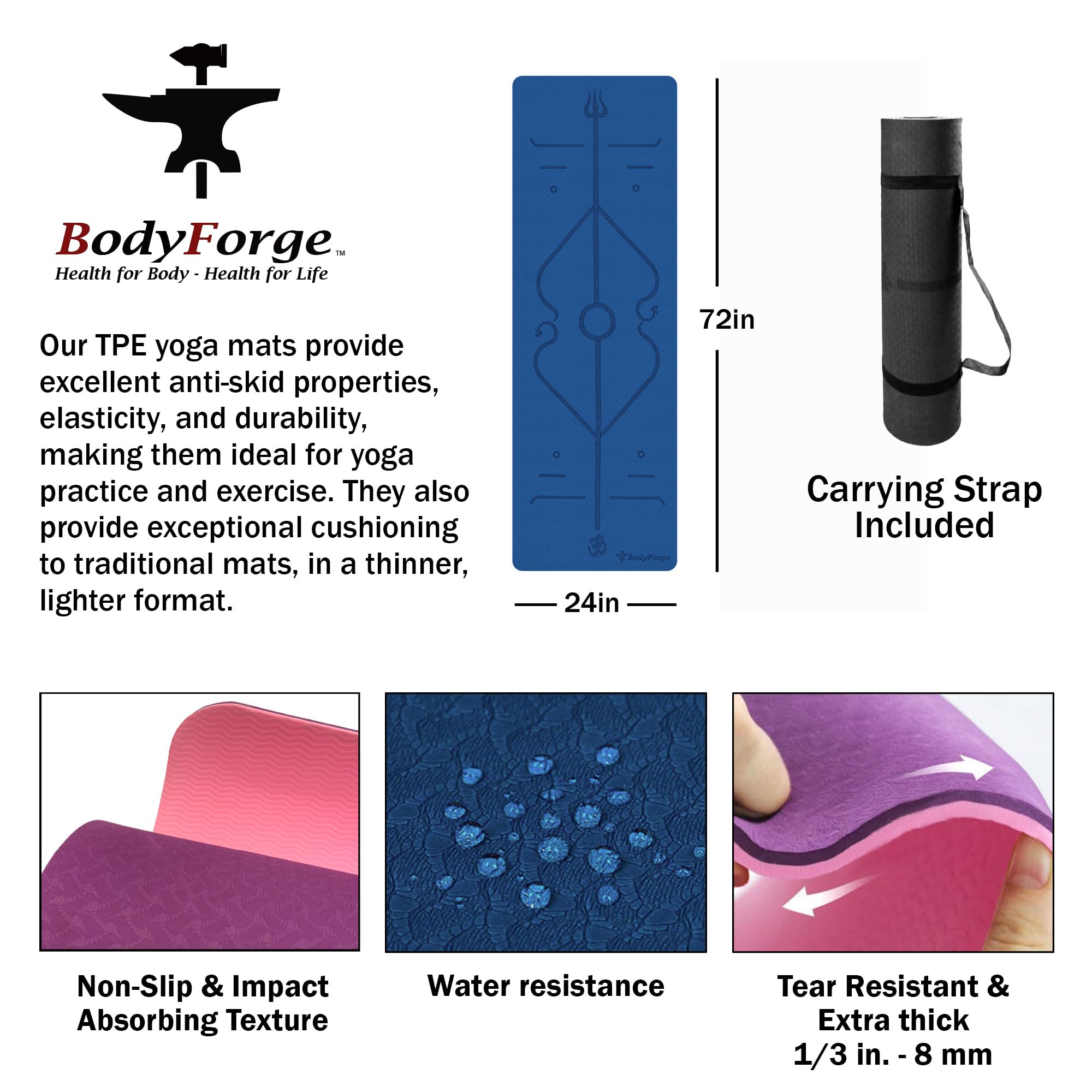 BodyForge Yoga Mat Thick Exercise Mat Thick 8mm TPE Eco-Friendly with Alignment Marks Non-Slip Extra Thick High-Density for Women Men Workout Pilates (Blue/Light Blue)