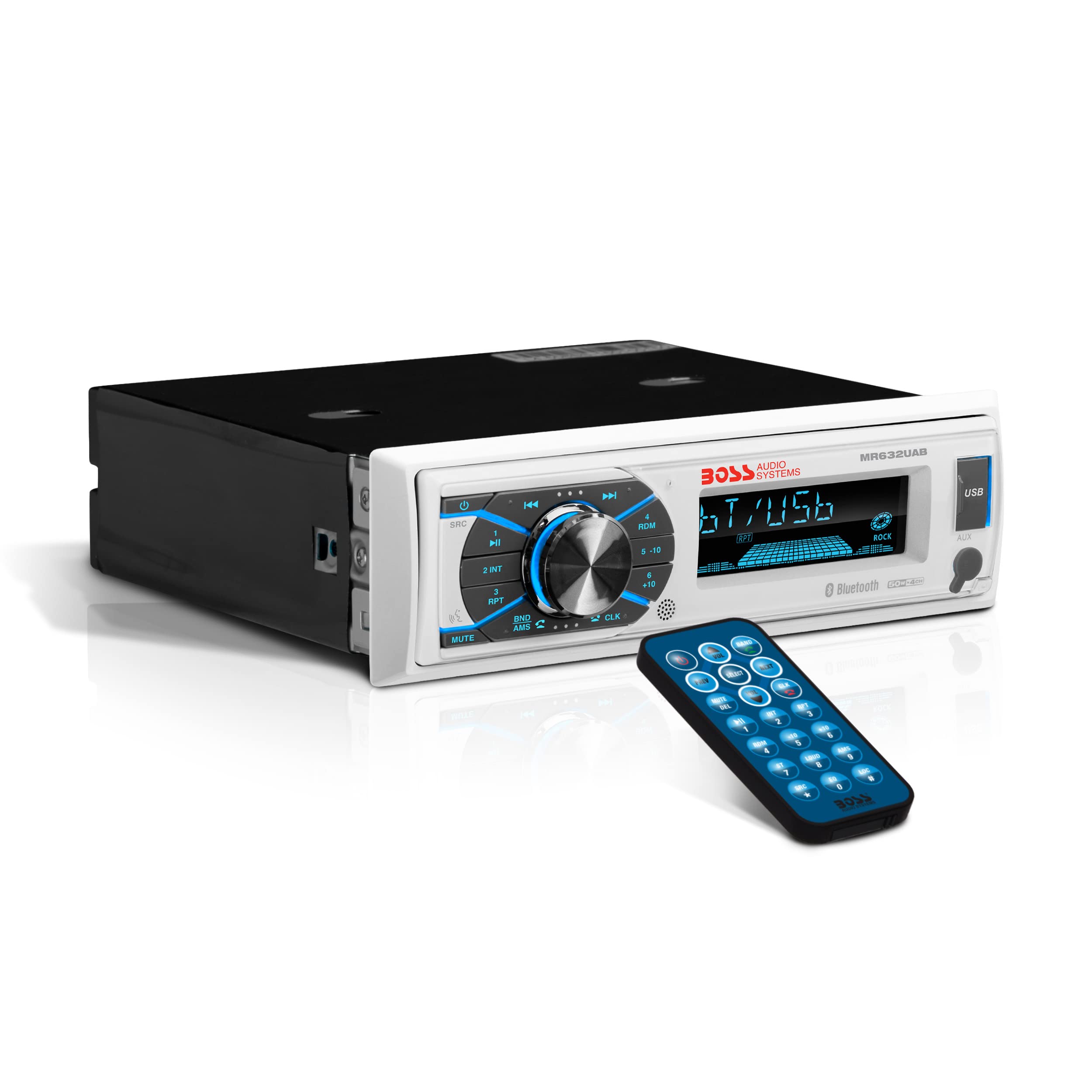 Boss Audio Systems MR632UAB Marine Receiver – Weatherproof, Bluetooth Audio and Hands-Free Calling, USB, MP3, AM/FM, Aux-in, No CD Player, RGB Multi-Color Illumination, Detachable Front Panel, white