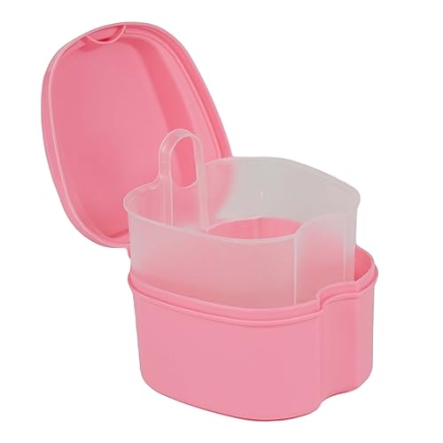 Genco Dental Denture Case, Denture Box with Strainer, Night Cleaner Denture Bath Box for Retainer, Mouthguard, False Teeth, and Denture Cleaning (Pink)