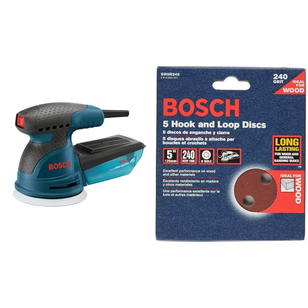 BOSCH ROS20VSK Palm Sander 2.5 Amp 5 in. Corded Variable Speed Random Orbital Sander/Polisher Kit with Dust Collector & BOSCH SR5R240 5-Piece 240 Grit 5 In. 8 Hole Hook-And-Loop Sanding Discs