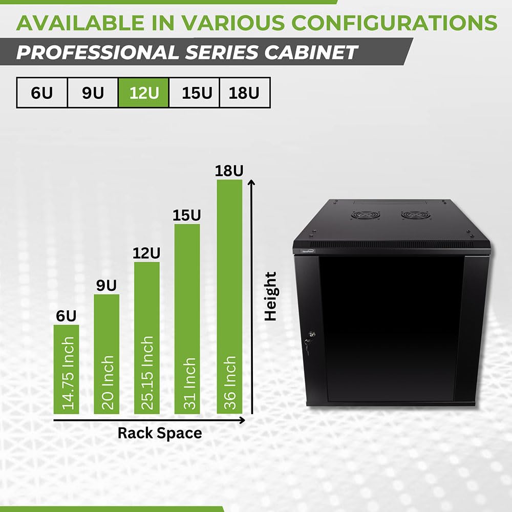 NavePoint 12U Server Rack Enclosure - 23.6β Deep, 12U Wall Mount Network Cabinet with Locking Glass Door for 19β IT Equipment, 12U Network Rack with 2 Fans, Removable Side Panels, Black