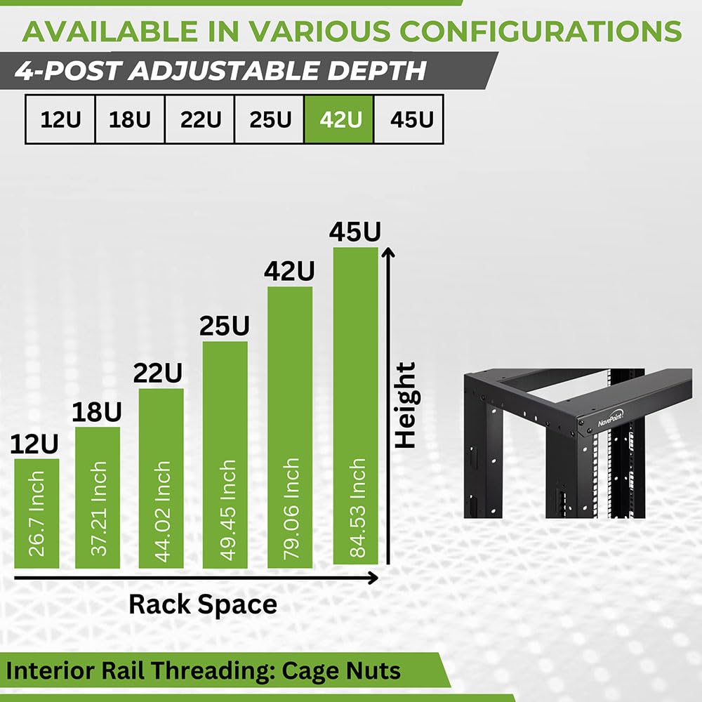 NavePoint 42U 4 Post Server Rack – Open Frame Rack for 19 Inch Equipment, Adjustable Depth 4-Post Network Rack Floor Mount, 42U Server Rack 793lbs Capacity, Black