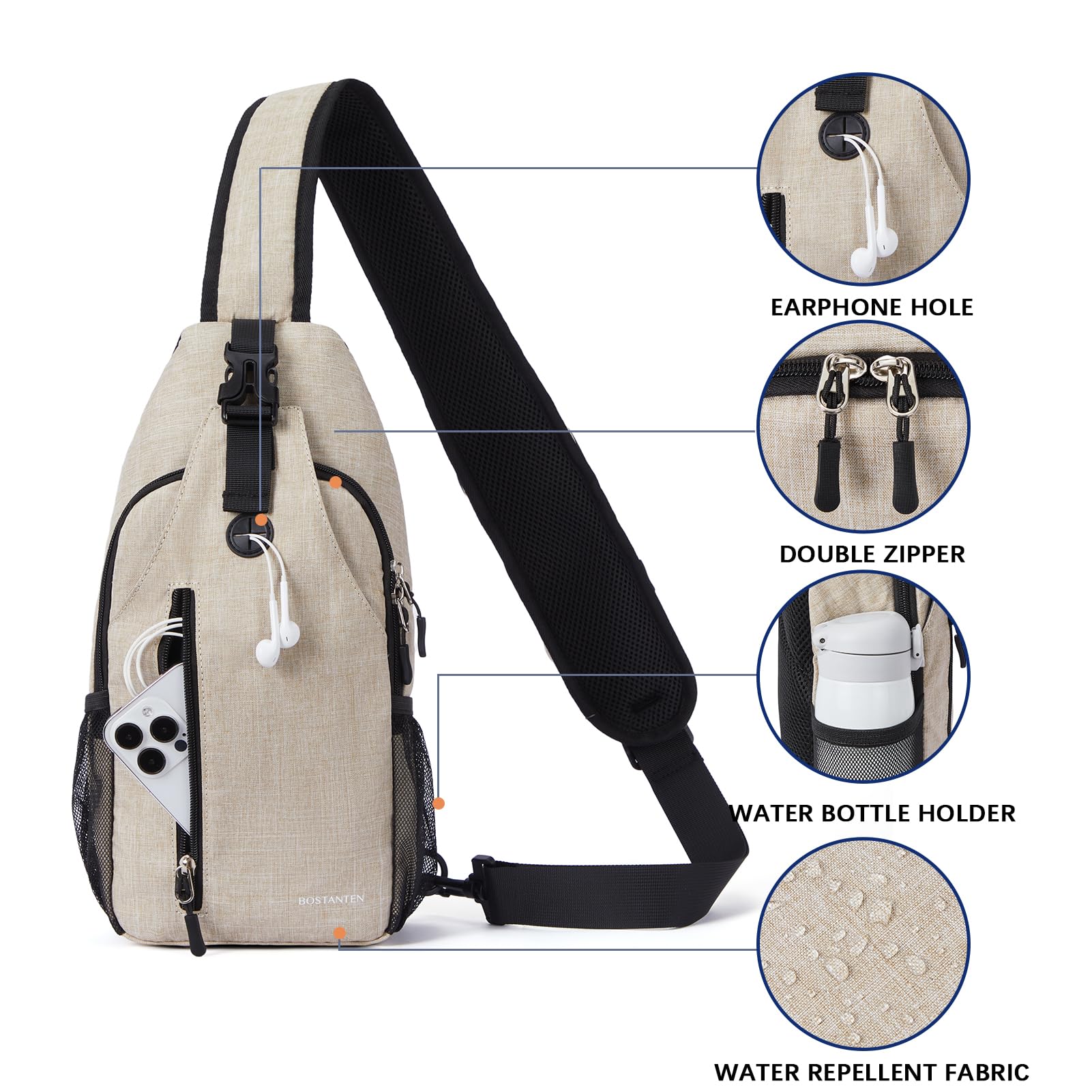BOSTANTEN Sling Bag, Crossbody Backpack RFID Shoulder Chest Bag for Men Women Travel Hiking Casual Daypack, Khaki