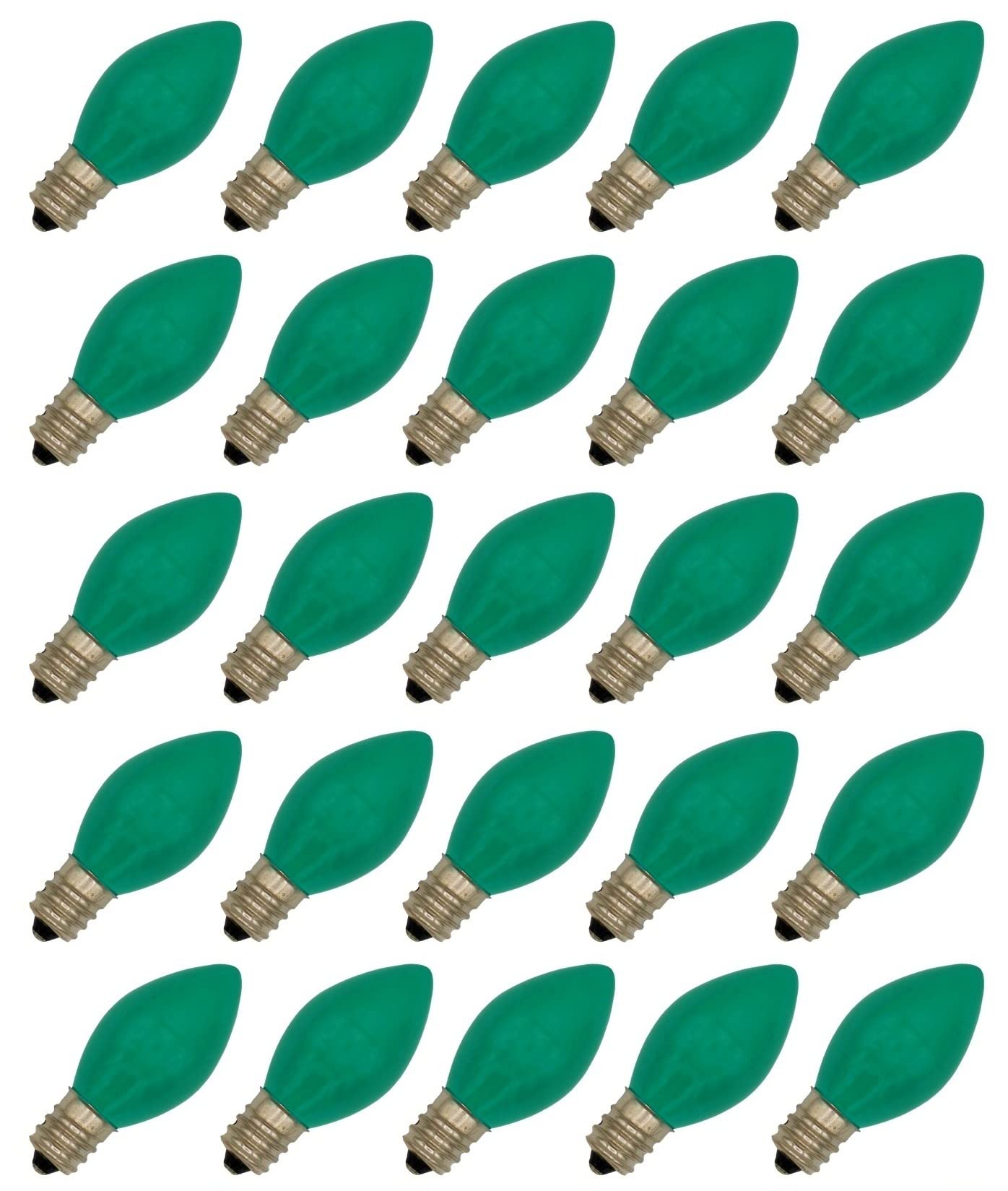 Box of 25 Light Bulbs - C7, Incandescent Steady Burning - Opaque Green - 7 Watt, Extended Life, Nickel Plated Candelabra Base - Great for Decorative Lights and Halloween Strings