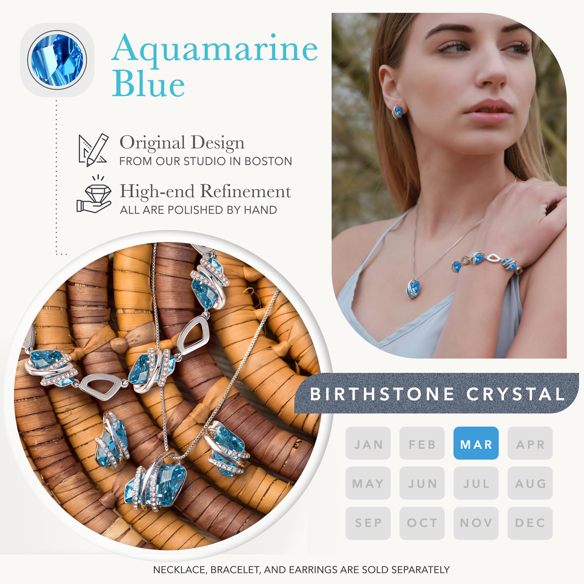 Leafael Wish Stone Pendant Necklace with Aquamarine Blue Birthstone Crystal for March and December, Silvertone, 18" + 2" Chain