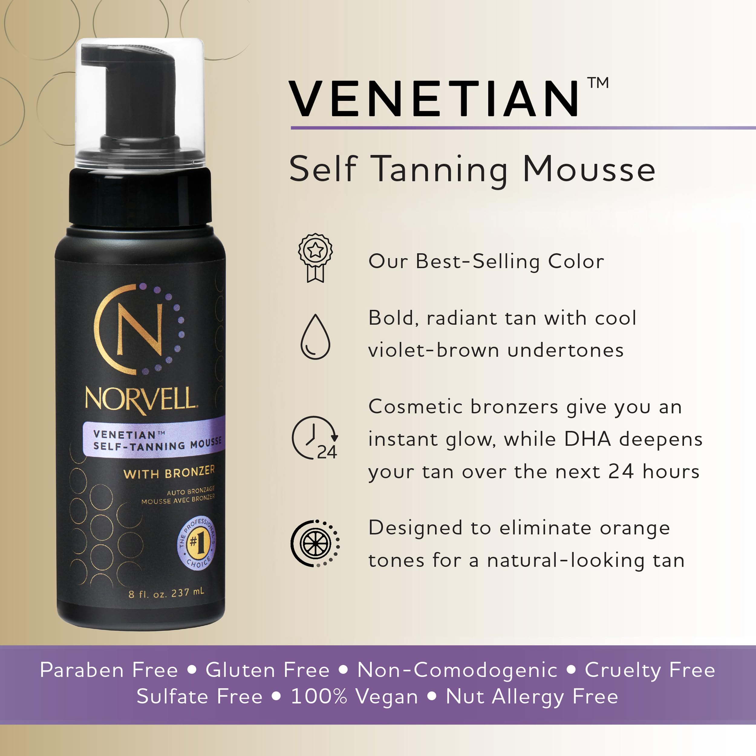Norvell Venetian Sunless Self Tanner Mousse with Bronzer, 8 Fl Oz - Instant Self Tanning - Natural Looking - Anti-Orange - Fake Tan for Bronzing Glow
