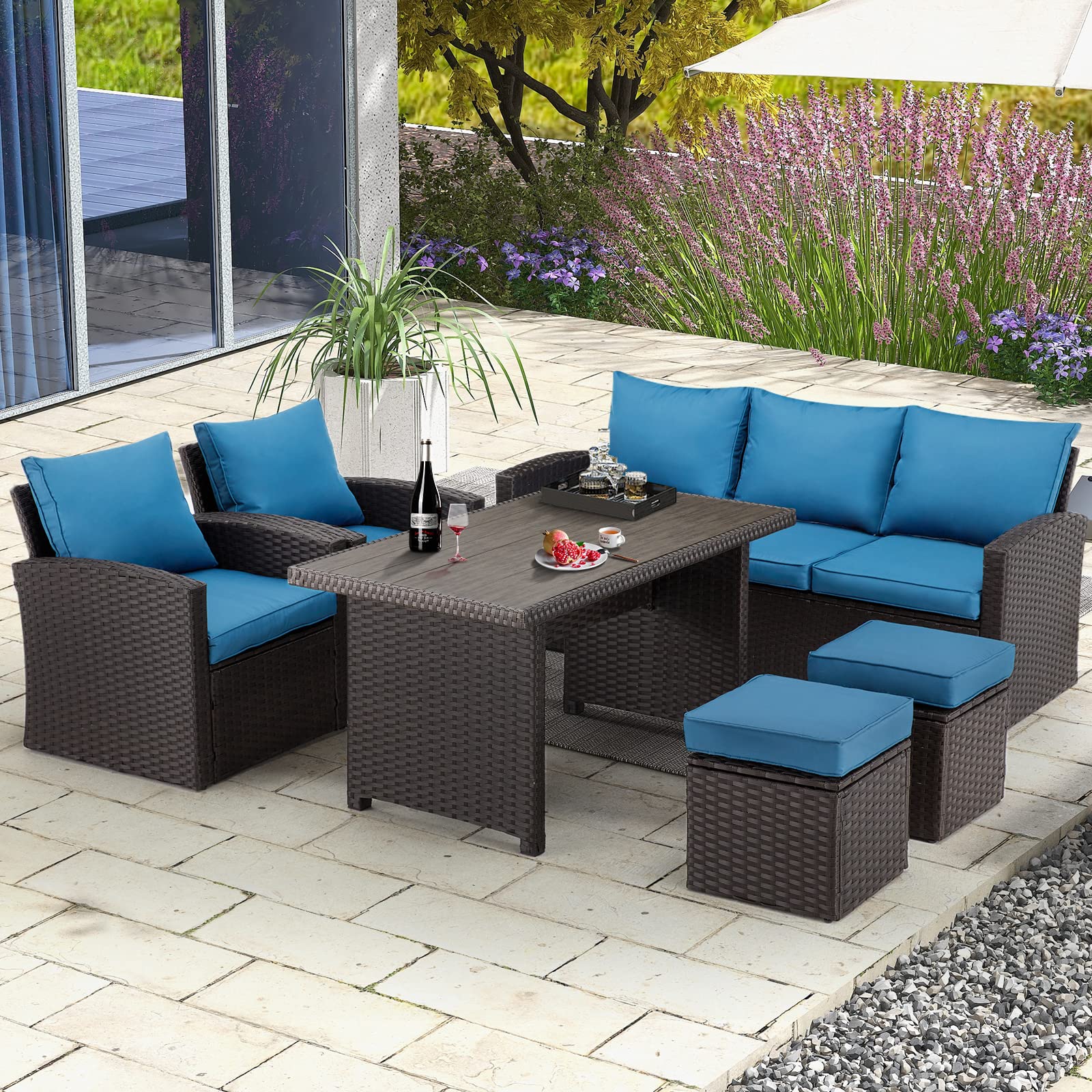 HOMREST 6 Pieces Patio Furniture Sets Clearance, Patio Dining Sofa Set Outdoor Sectional Sofa Conversation Set All Weather Wicker Rattan Couch Dining Table & Chair (Blue)