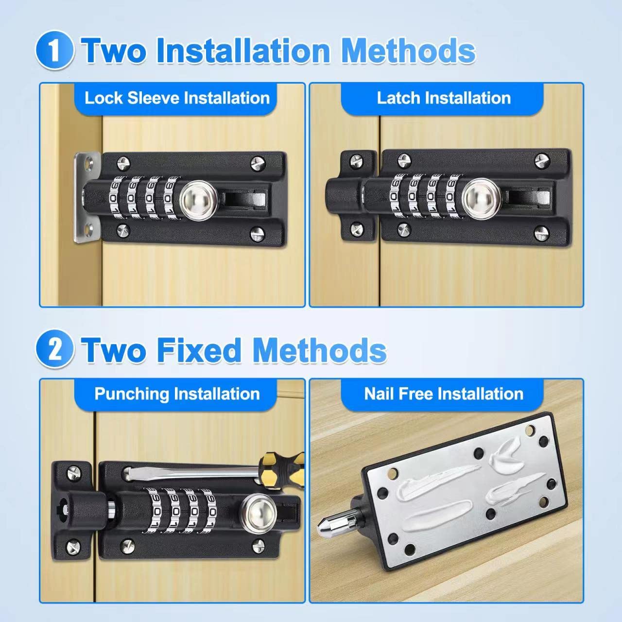 Combi Bolt Door Lock Sliding Combination Bolt Latch Keyless Combination Bolt, Weatherproof 4 Digit High Security Gate Lock for Sheds Cupboards Fences Garages