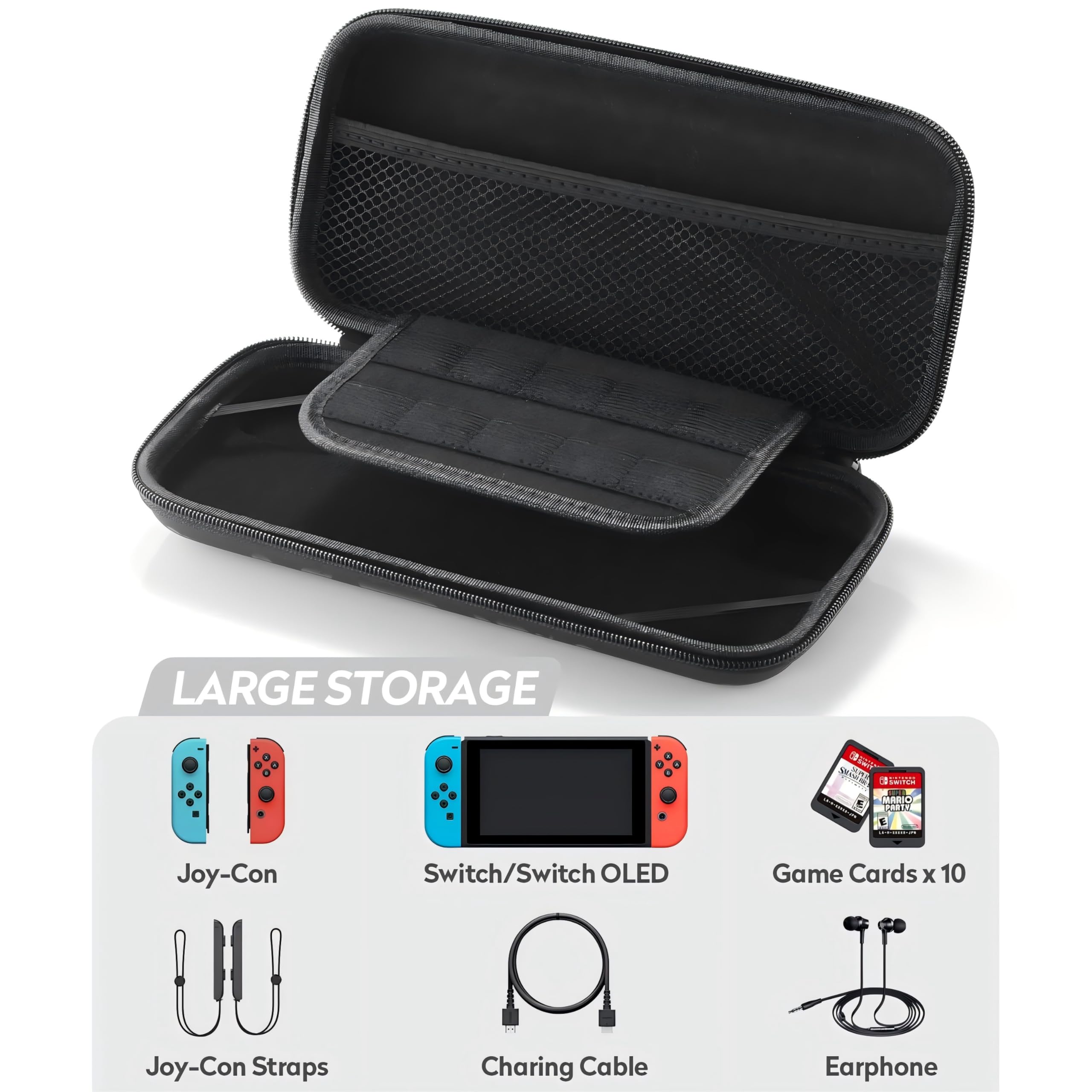 Bheddi Switch Carrying Case fits Switch/Switch OLED - Hard Shell Protective Portable Travel Carry Case with 10 Game Card Slots and 2 Tempered Glass Screen Protectors (Black-Dex)