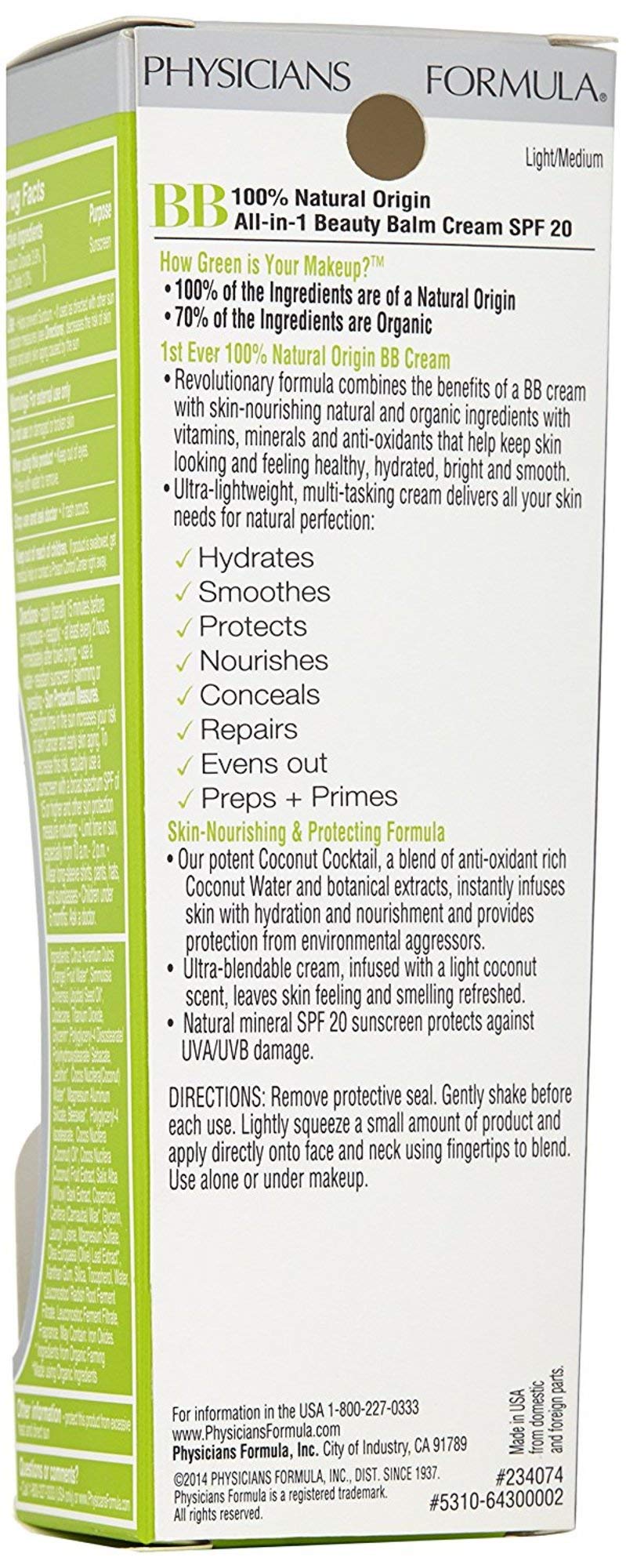 Physicians Formula Organic Wear 100% Natural Origin BB Beauty Balm Cream, Light/Medium, 1.2 Fluid Ounce