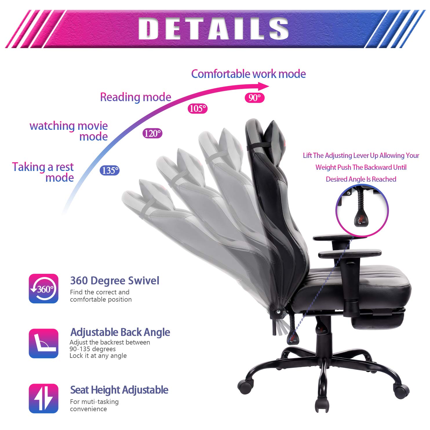 KBest Massage Gaming Chair - High Back Racing PC Computer Desk Office Chair Swivel Ergonomic Executive Leather Chair with Adjustable Back Angle, Armrests and Footrest (Gray)