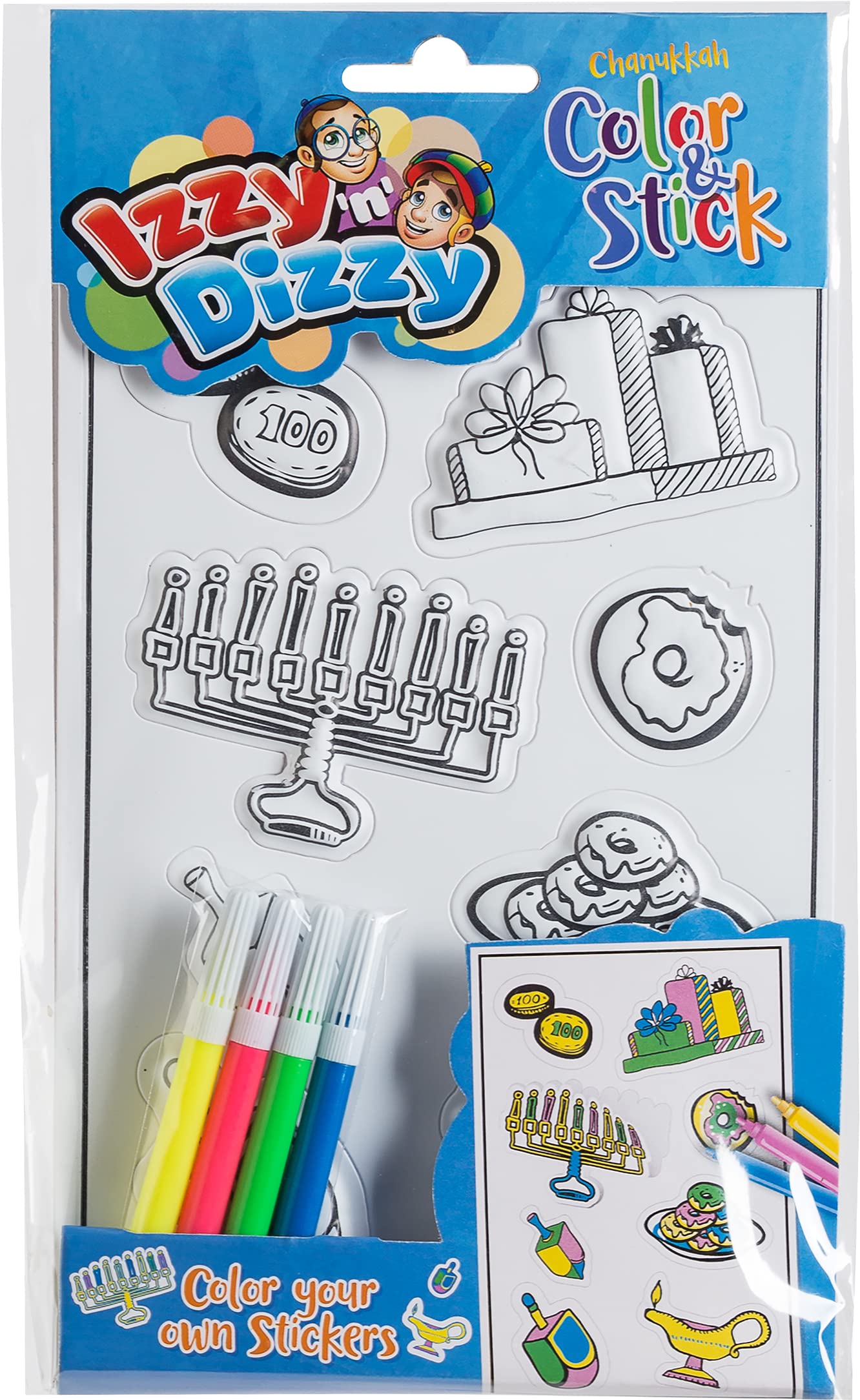 Hanukkah Color and Stick - Color Your Own Stickers - Includes 4 Markers - Hanukah Arts and Crafts - Gifts and Games - Izzy 'n' Dizzy