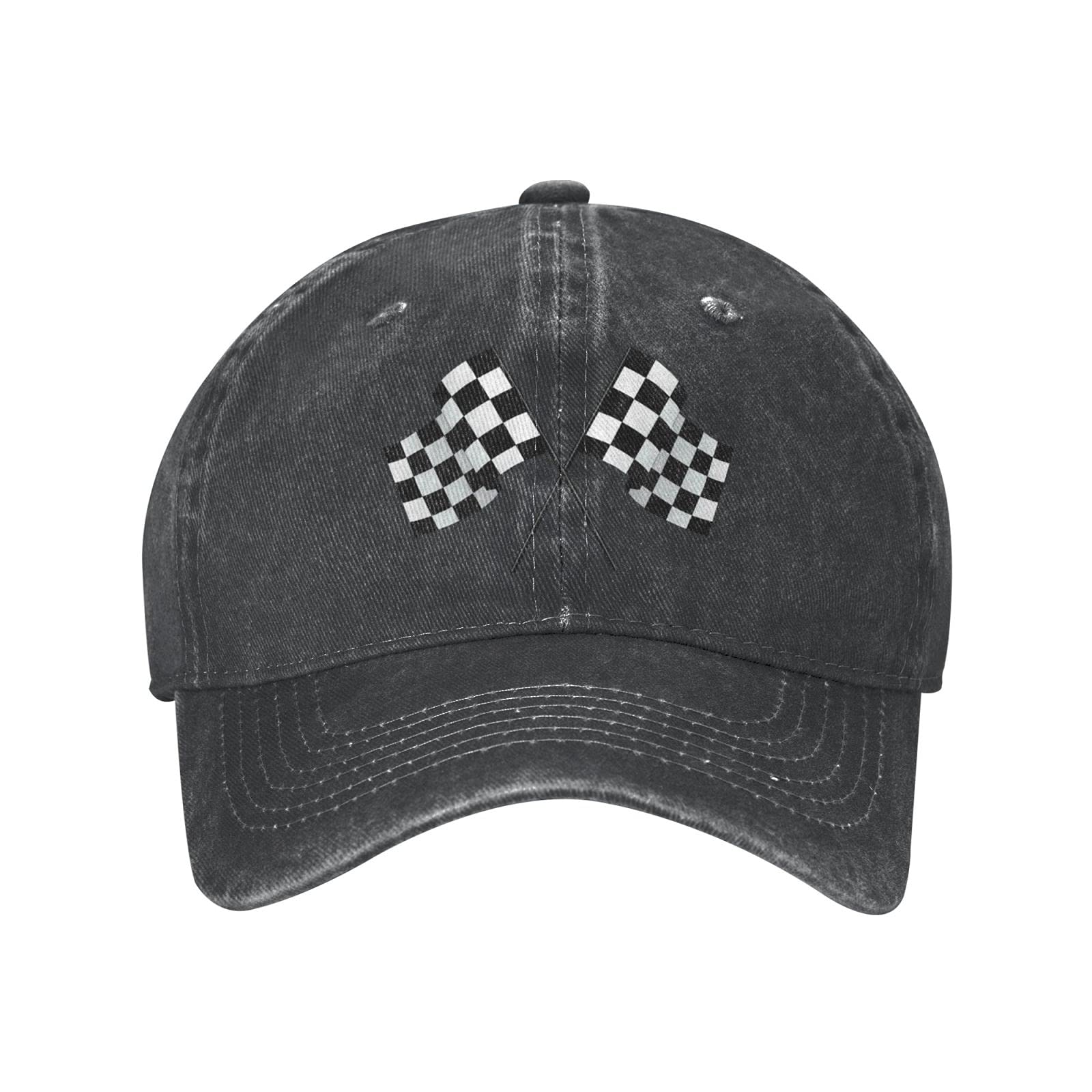 Baseball Cap Men Women, Unisex Adjustable Distressed Vintage Washed Stretch Denim Cotton Jeans Trucker Snapback Outdoor Sport Summer Dad Hat Checkered Flags Race Car Pit Crew