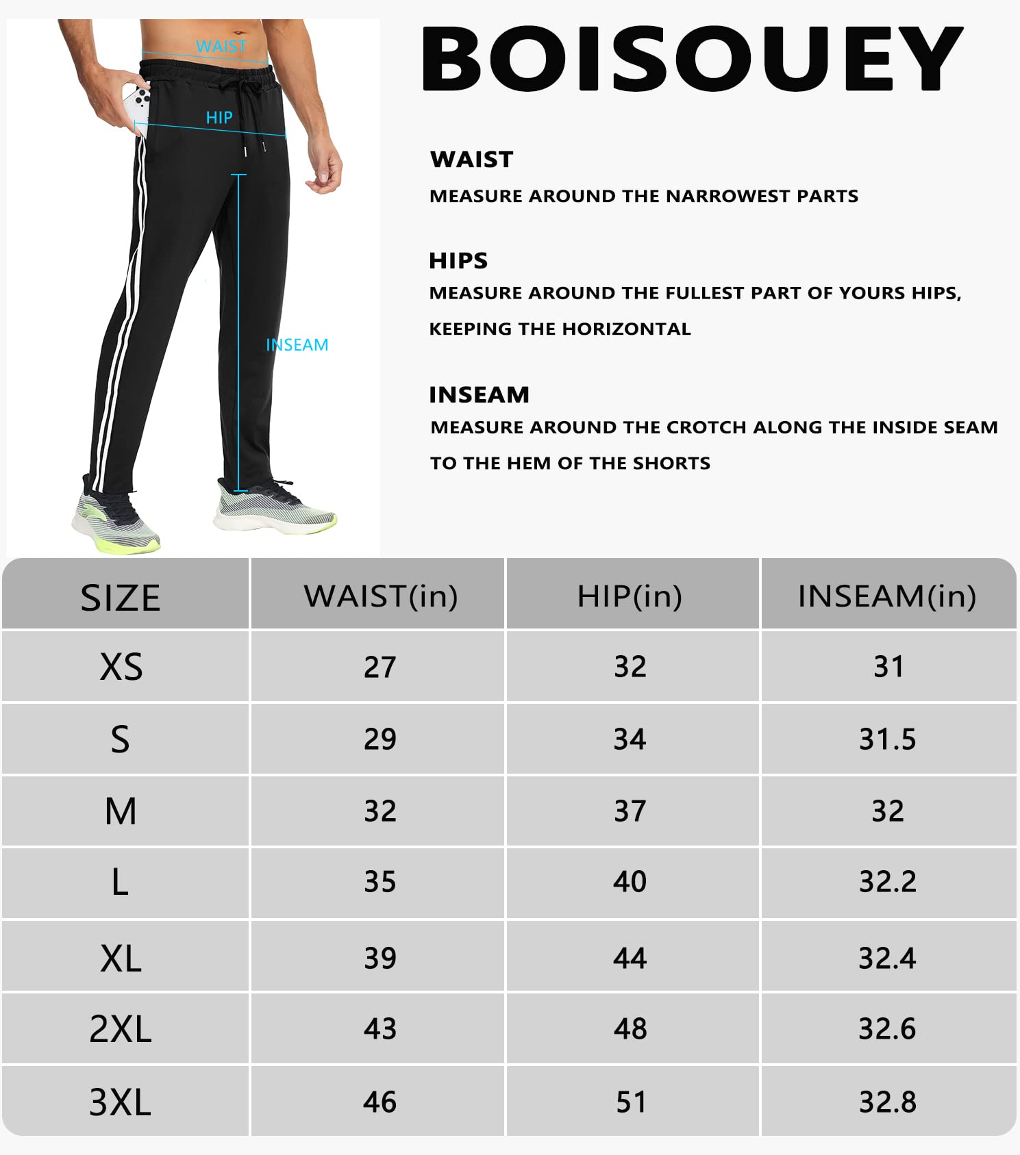 Boisouey Men's Sweatpants with Zipper Pockets Athletic Pants Traning Track Pants Joggers for Men Soccer, Running, Workout (W-White/Black, Medium)