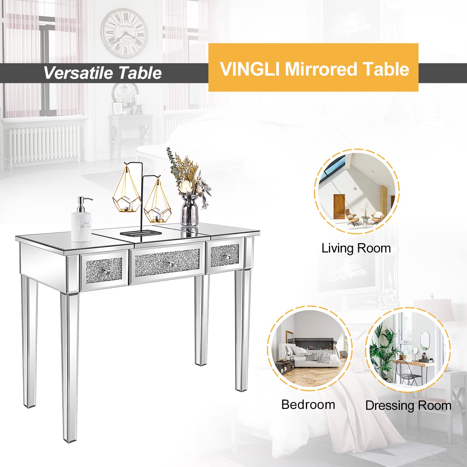 VINGLI Mirrored Vanity Desk with Drawers and Flip Mirror, Glass Vanity, Mirrored Vanity Table, Mirror Vanity Silver Desk, Mirrored Makeup Vanity Table for Bedroom/Makeup Room, Silver