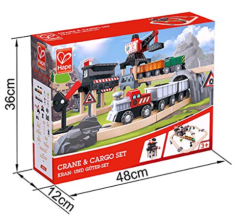 Hape Crane and Cargo Train Set | Wooden Railway Toy Set with Magnetic Crane, Button Operated Loader and Adjustable Rail Signal