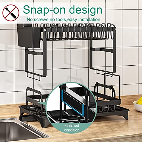 Hovshelf Dish Racks for Kitchen Counter, Dish Drying Rack with Drainboard, 2 Tier Dish Drainers for Kitchen Counter(Black)