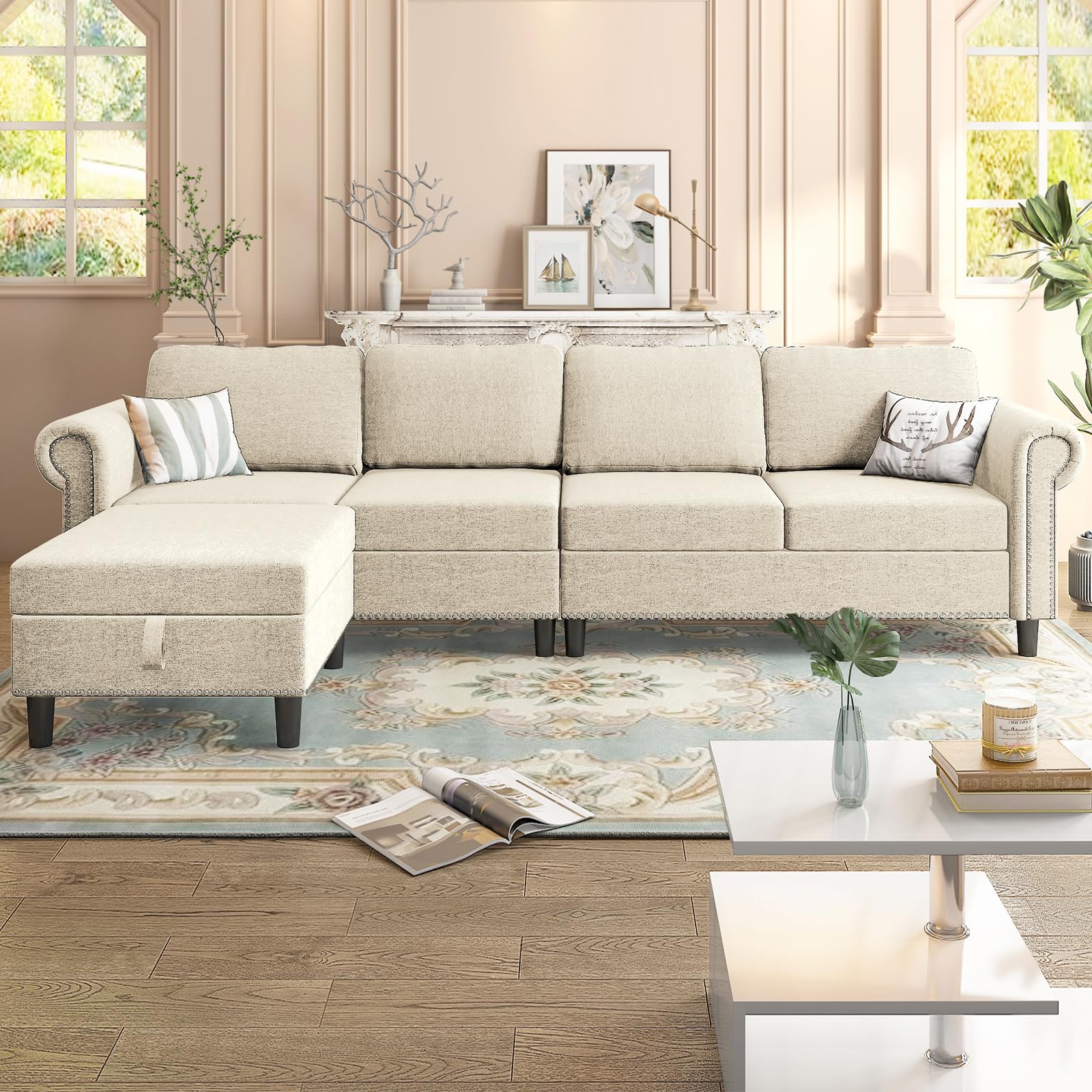 PUREMIND Beige L Shape 102" Sectional Sofa Couch with Movable Storage Ottoman, Linen 4 Seat Convertible Couch with Reversible Chaise, Living Room Sets for Office, Apartment
