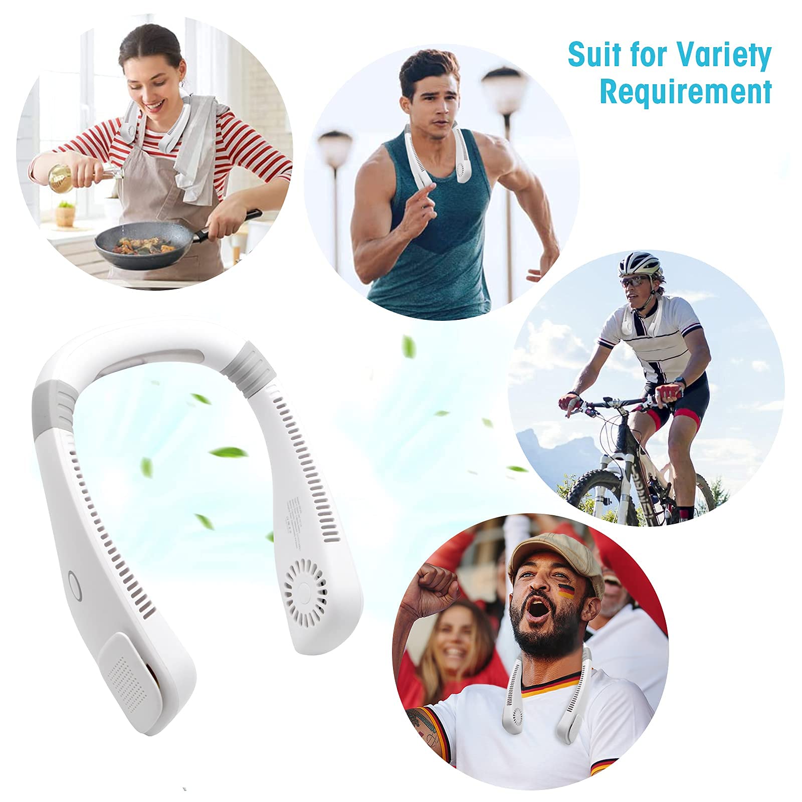 MQUPIN Portable Neck Fan, Hands Free Bladeless Fan, Large Capacity Battery Operated 3 Wind Speed Personal Fan Adjustable,USB Rechargeable for Office,Camping, Hiking, Travel - White
